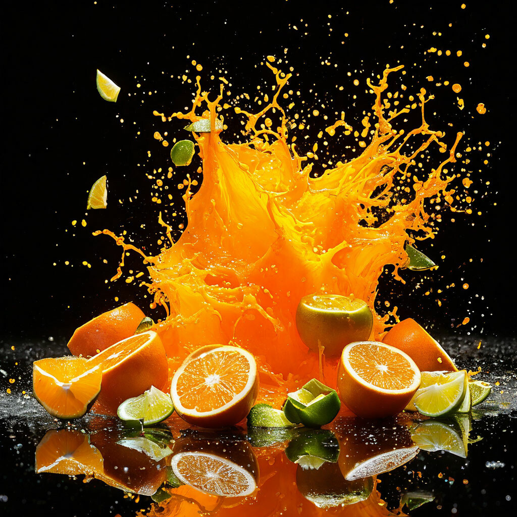 "Orange, orange juice explosion, small slices of lime and lemon, on a ...