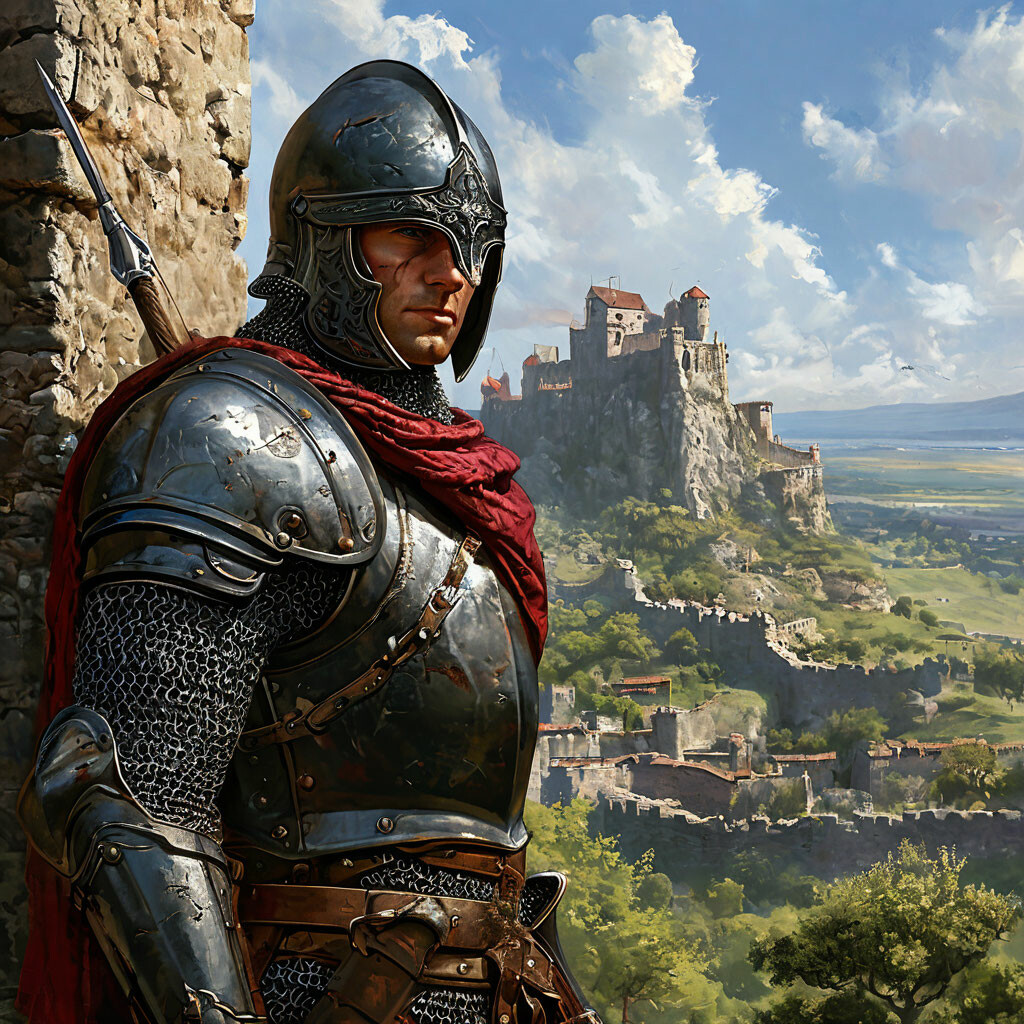 "Poster, an archer warrior, in dark chain mail, with an open helmet on ...