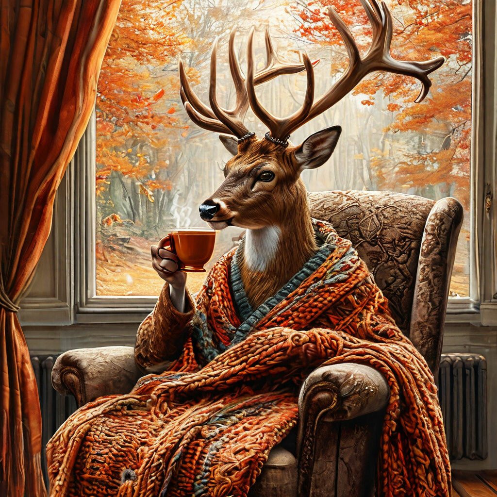 "🍂 a noble anthropomorphic deer drinks hot tea sitting in a comfortable ...