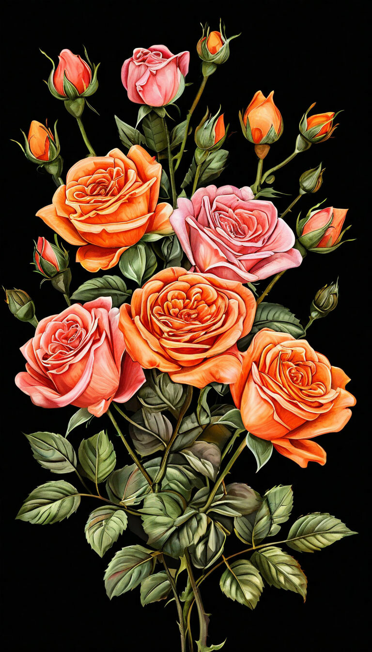 "Draw a vertical bouquet of orange and pink small roses" — image ...