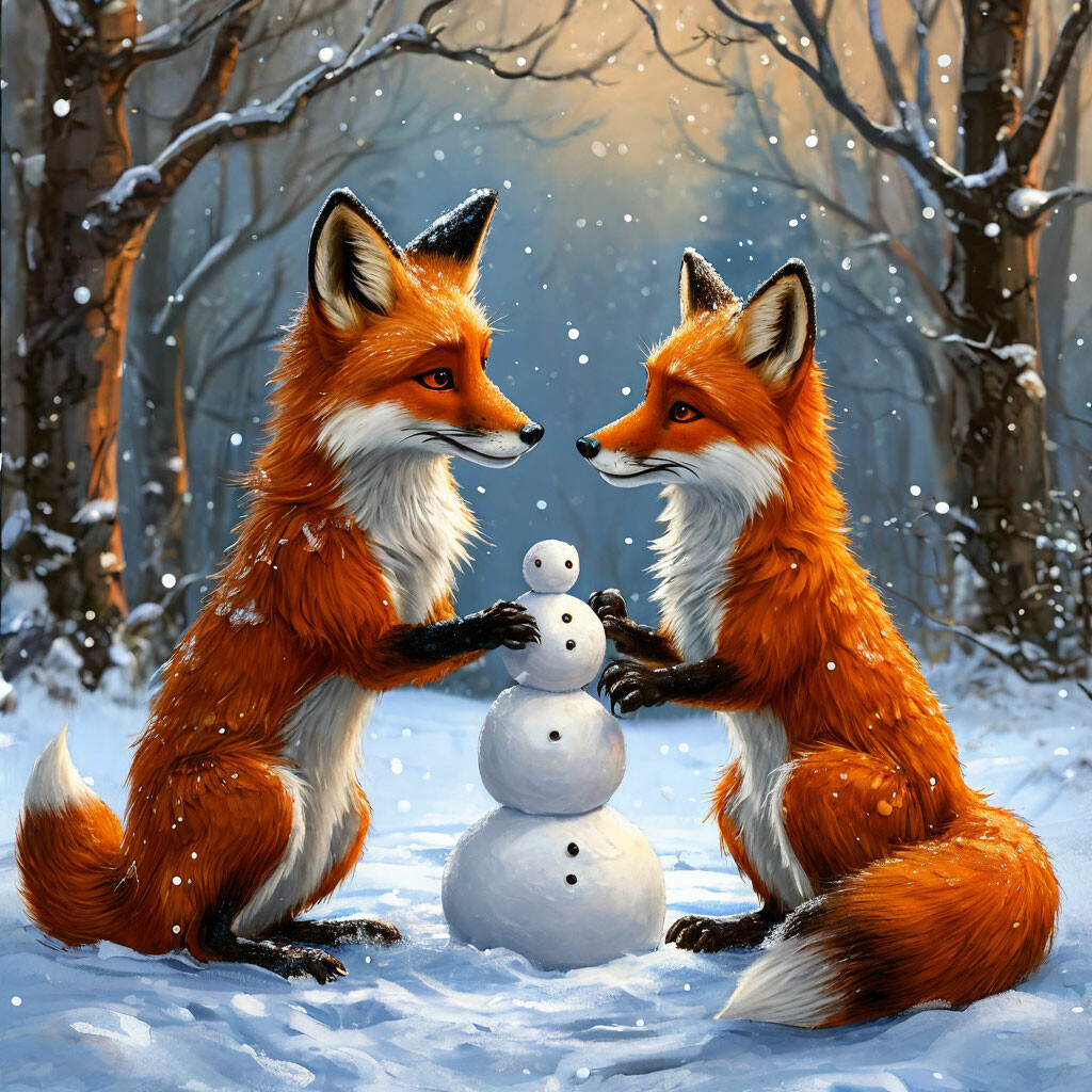 "A fox is making a snowman, and it's snowing outside" — image created ...