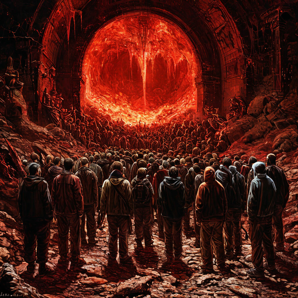 "Descent into hell, queue in front of turnstile" — image created in ...
