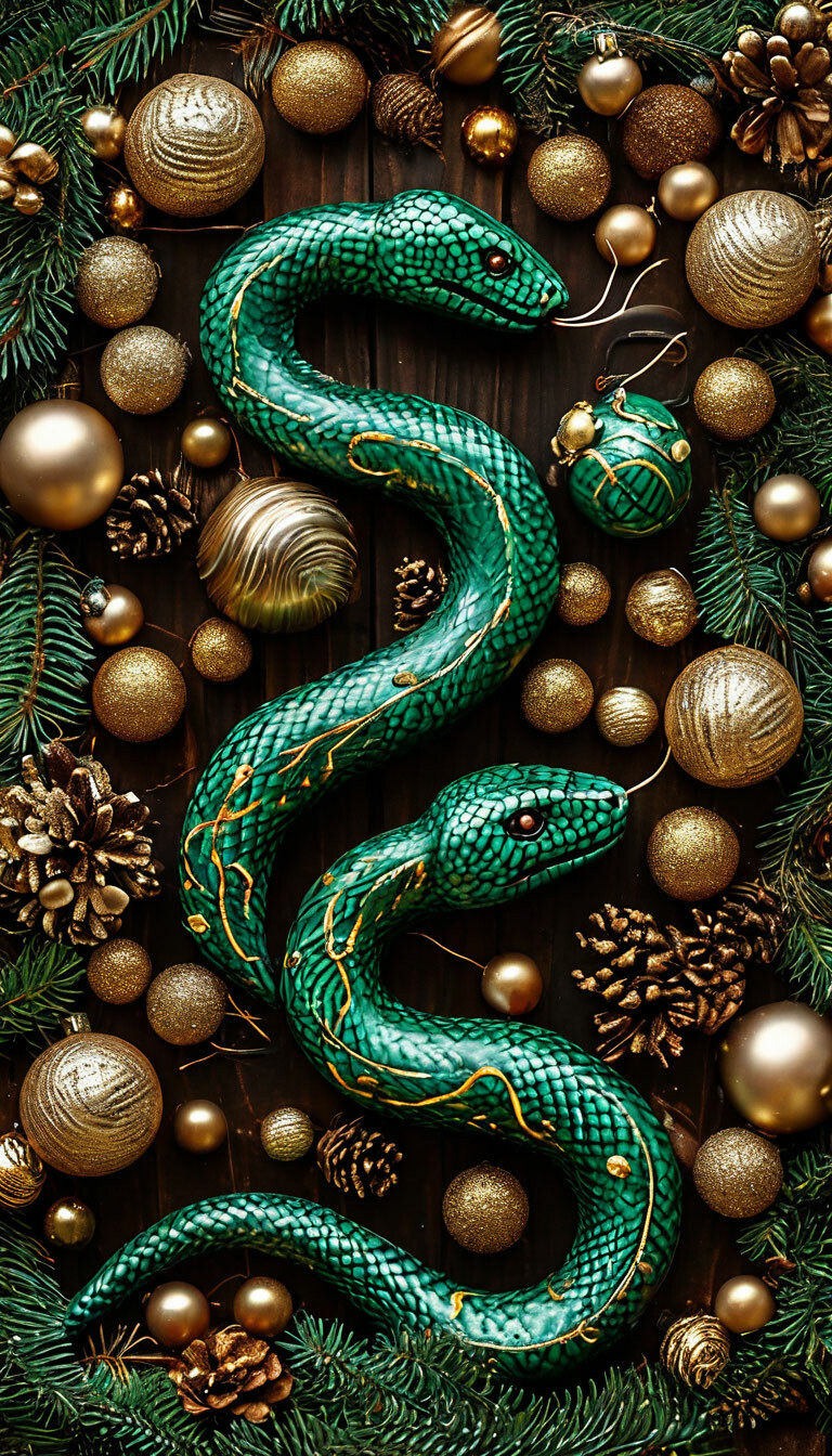 "Christmas wooden green snake,golden balls, garlands, radiance ...