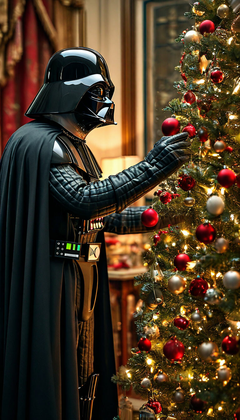 "Darth Vader decorates the Christmas tree" — image created in Shedevrum