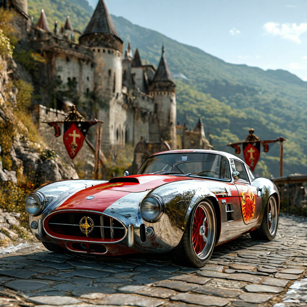 "Medieval castle, mountain road, silver-red sports car rides, with ...