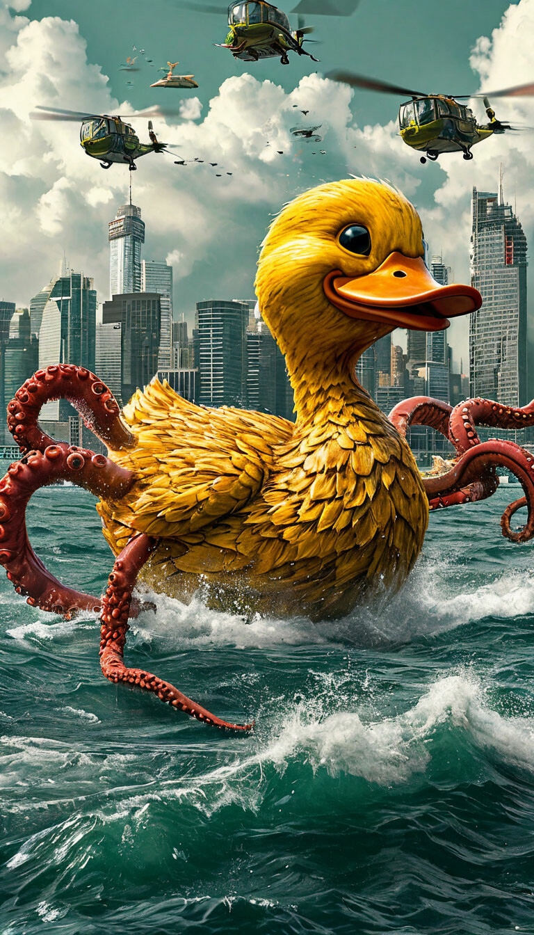 "The Cracken giant cute kraken duck with tentacles attacks the city ...