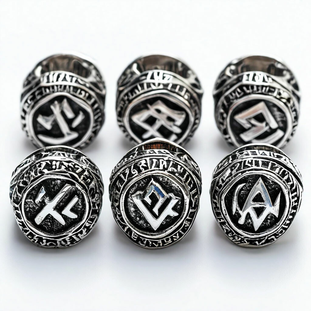 "Five 5 silver rings with runes, on a …" — image created in Shedevrum