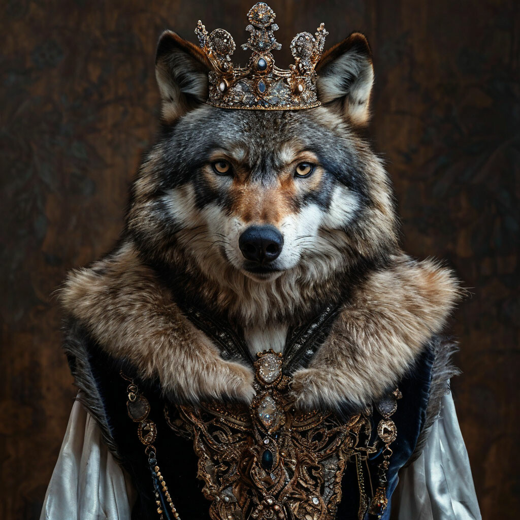"Lobo, corona de diamantes y chaleco …" — imagen creada en Shedevrum