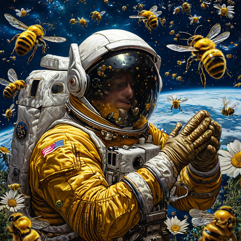 "A beekeeper in space with space bees" — image created in Shedevrum
