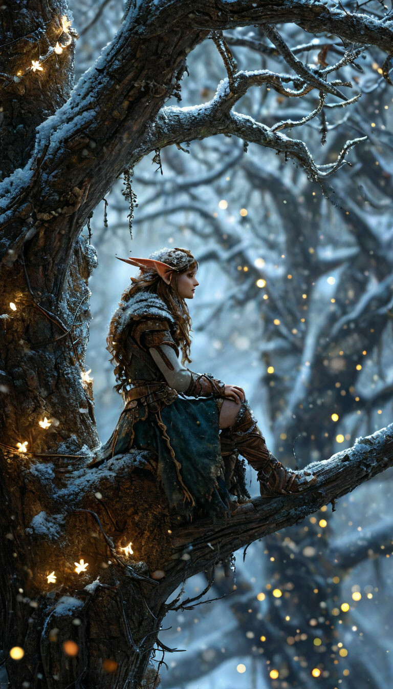 "A full-length elf sits on a tree in a…" — image created in Shedevrum