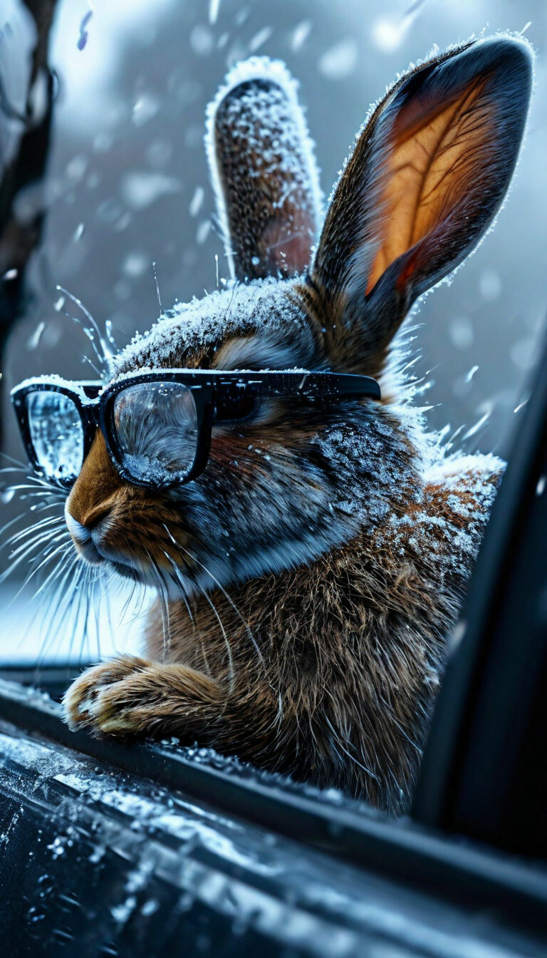"😶‍🌫️ side view, frosty patterns in the form of a cheerful rabbit with ...