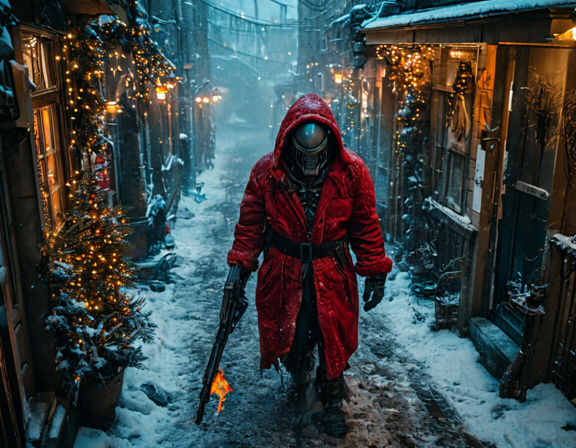 "A bad xenomorph Santa in a red fur …" — image created in Shedevrum