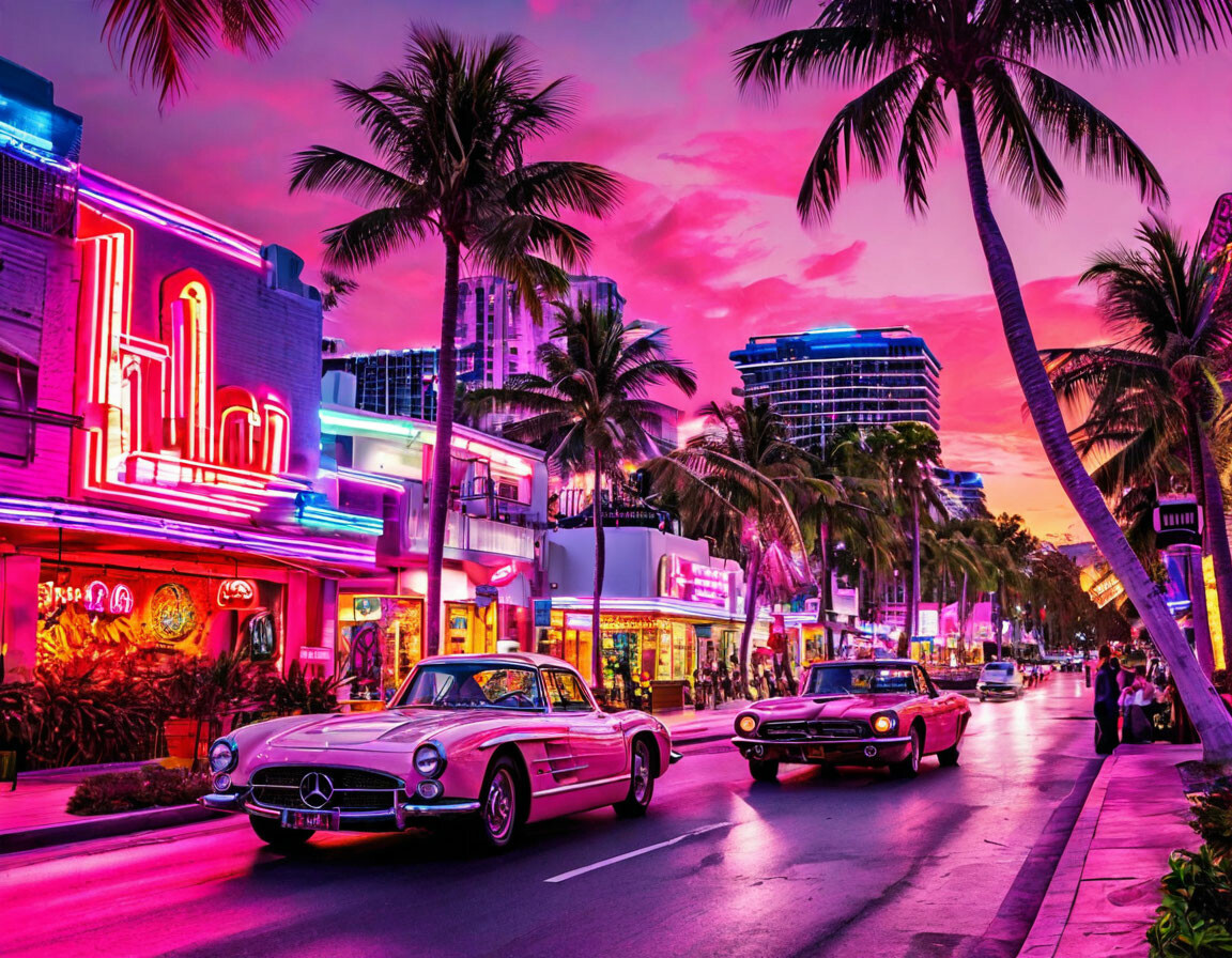 "Miami Beach, neon signs, buildings, …" — image created in Shedevrum