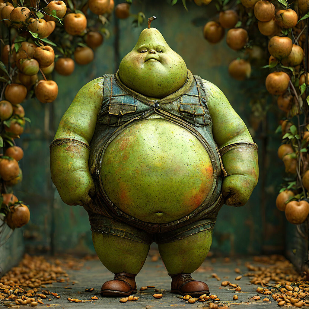 "A man with the body of a pear, a pear…" — image created in Shedevrum