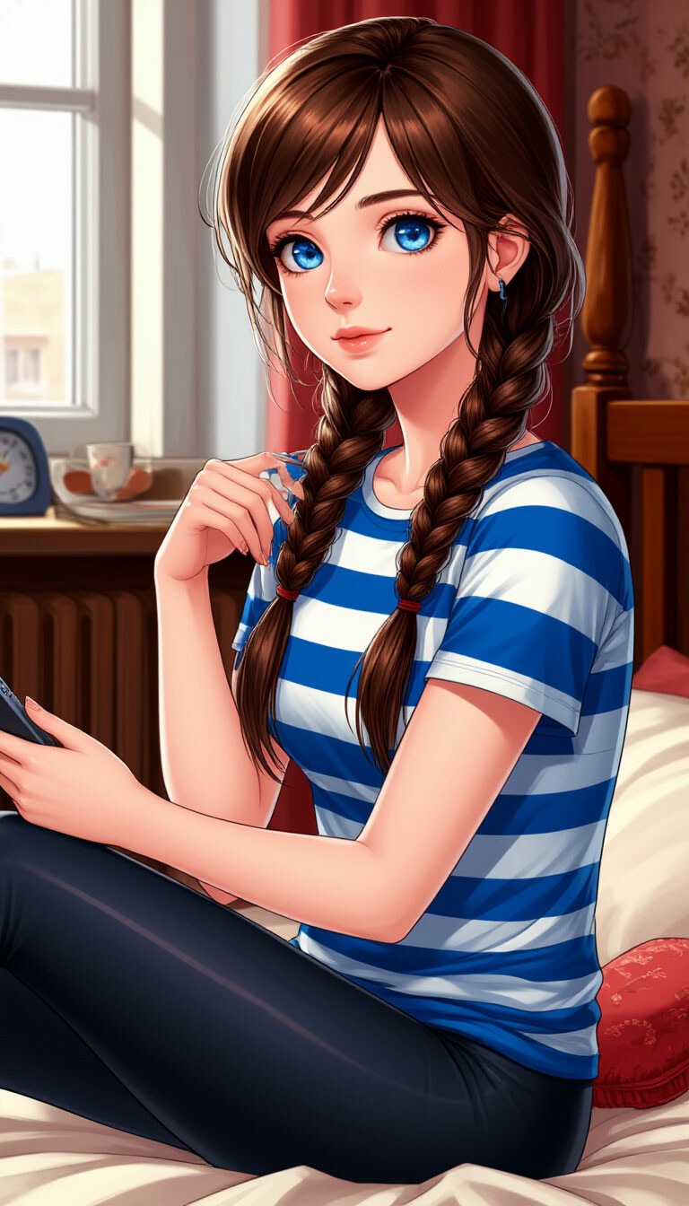 "Soviet Russian girl, brown-haired, hair braided in one beautiful braid ...