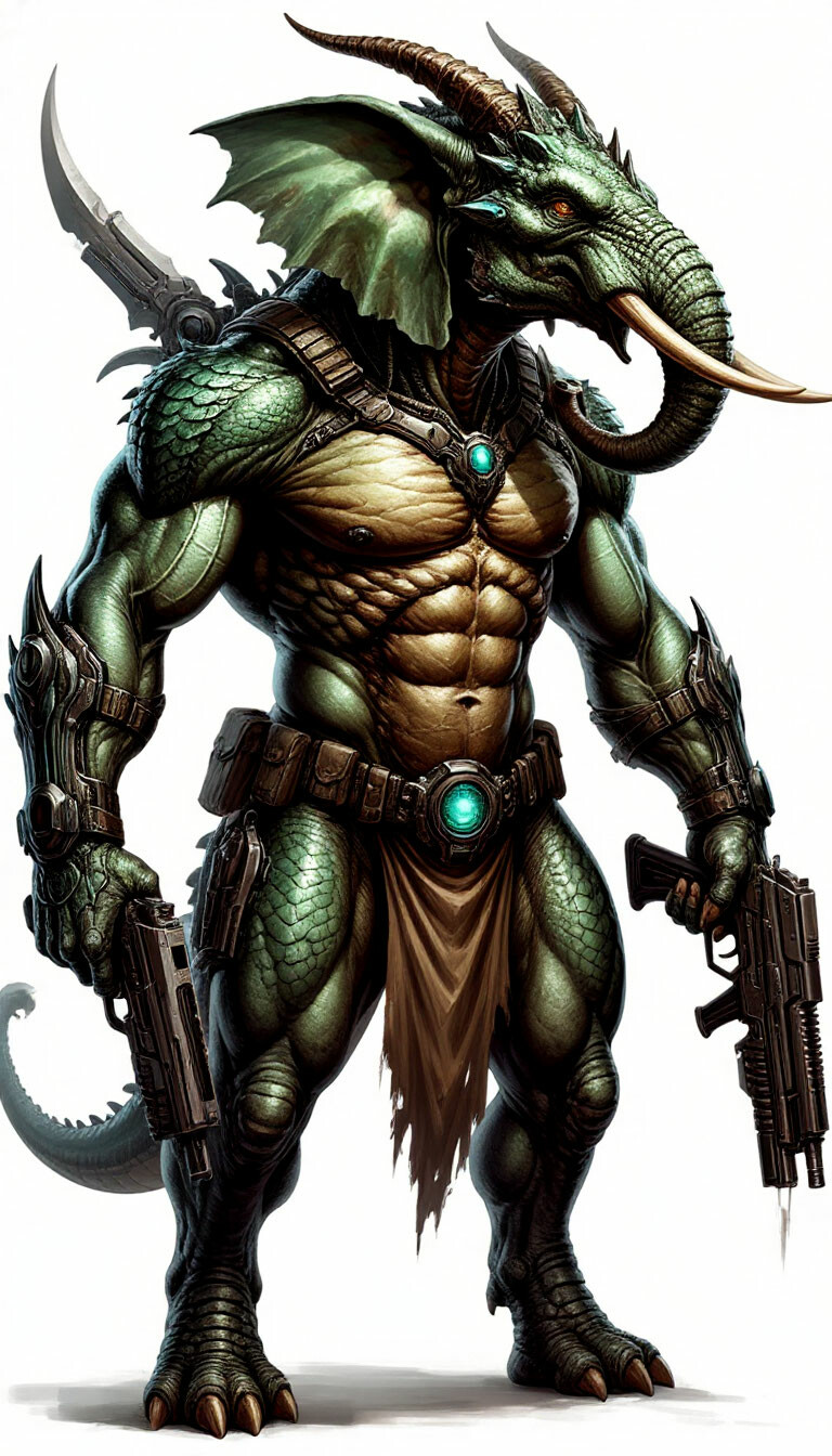 "Anthropomorphic alien dragon elephant, with dragon skin, horns on its ...