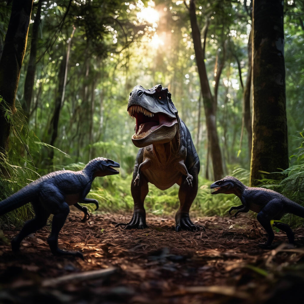 "Tyrannosaurus Rex and raptors" — image created in Shedevrum