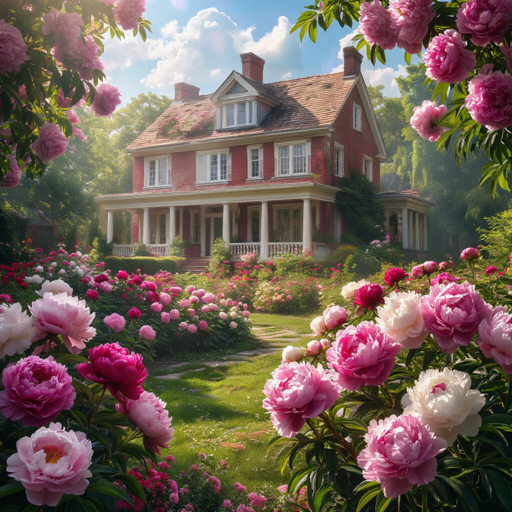 Landscape, beautiful country house, garden, flowerbeds, flowering ...