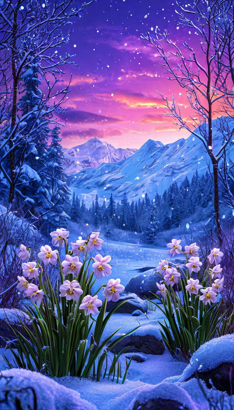 "Snowdrops on the background of the northern lights, sparkling frost ...