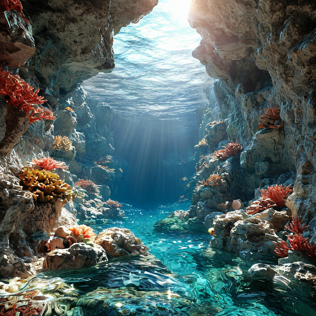 "Underwater grotto in the sun, professional photo, 3d" — image created ...