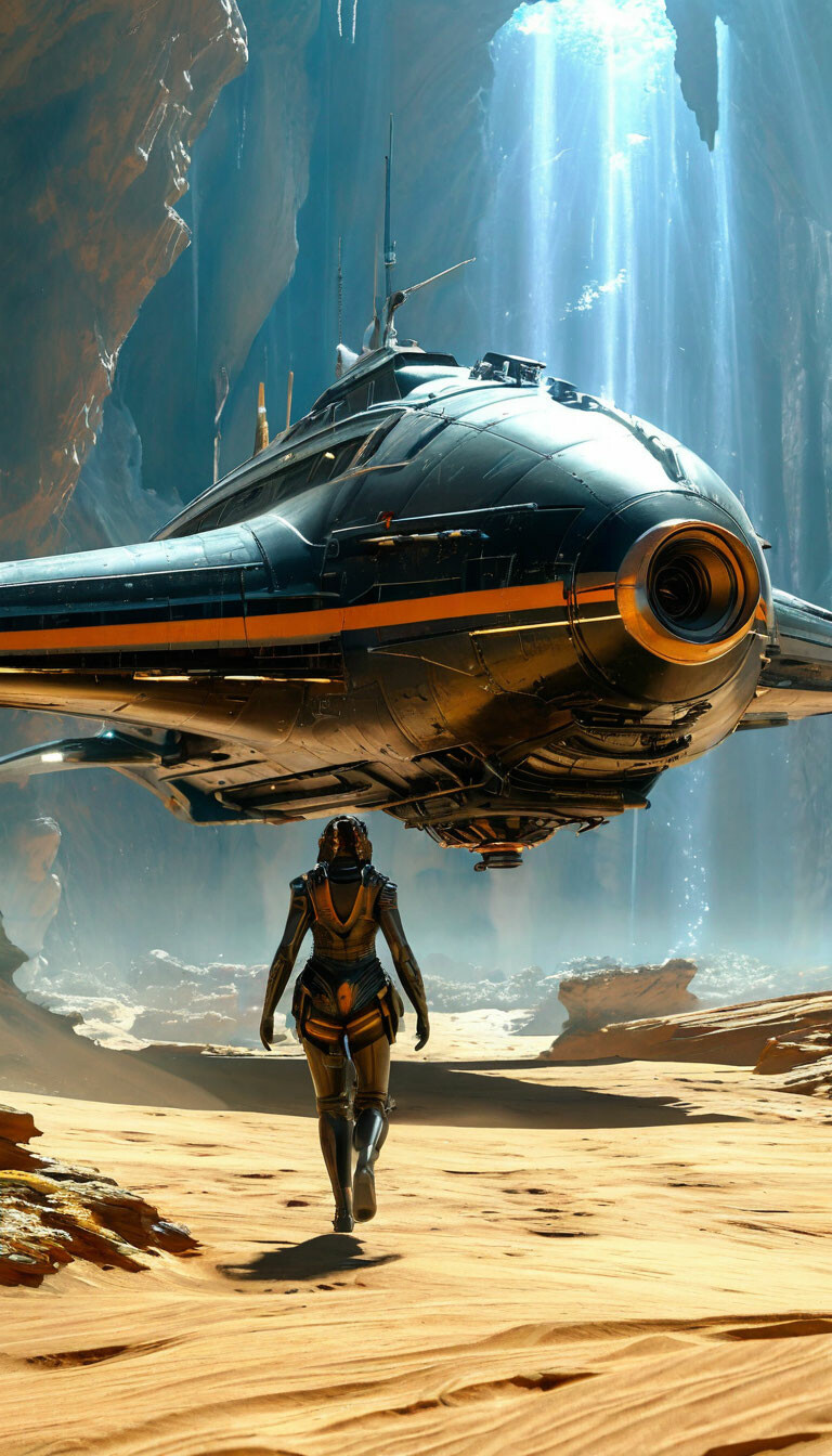 "Sand meters.Unknown matter void submarine spaceship in with jet engine ...