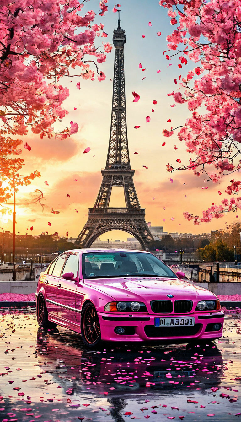 "Pink BMW e39, Eiffel tower on the …" — image created in Shedevrum