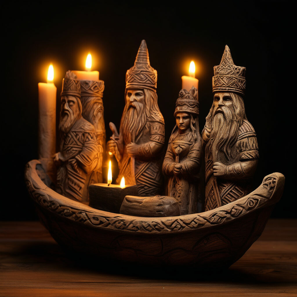 "Idols of Slavic Gods in a clay boat, candlelight, high detail" — image ...
