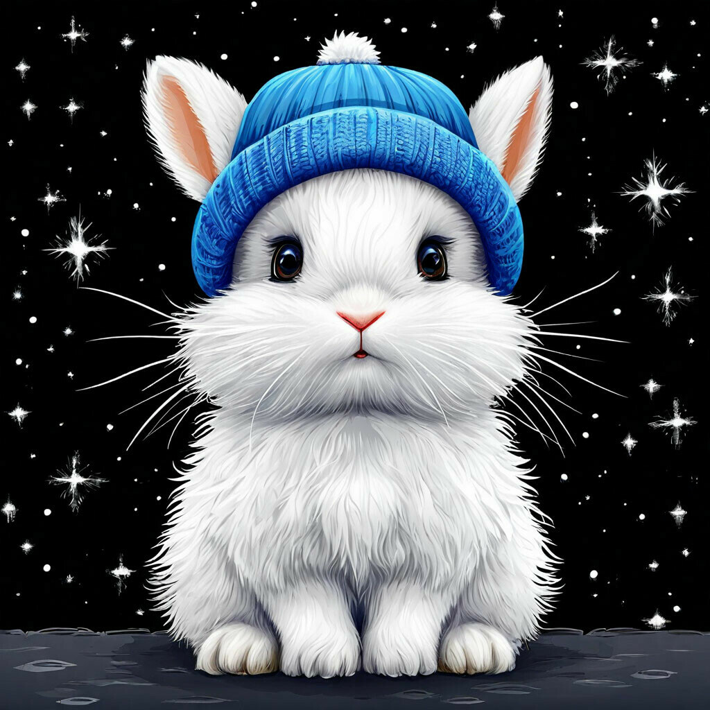 "Cartoon cute Angora fluffy white rabbit made of mink down, standing on ...