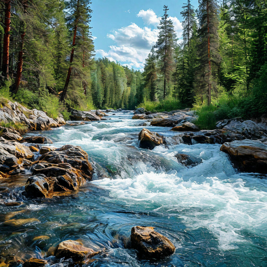 "A river with a rapid current aesthetics The photo is realistic frame ...