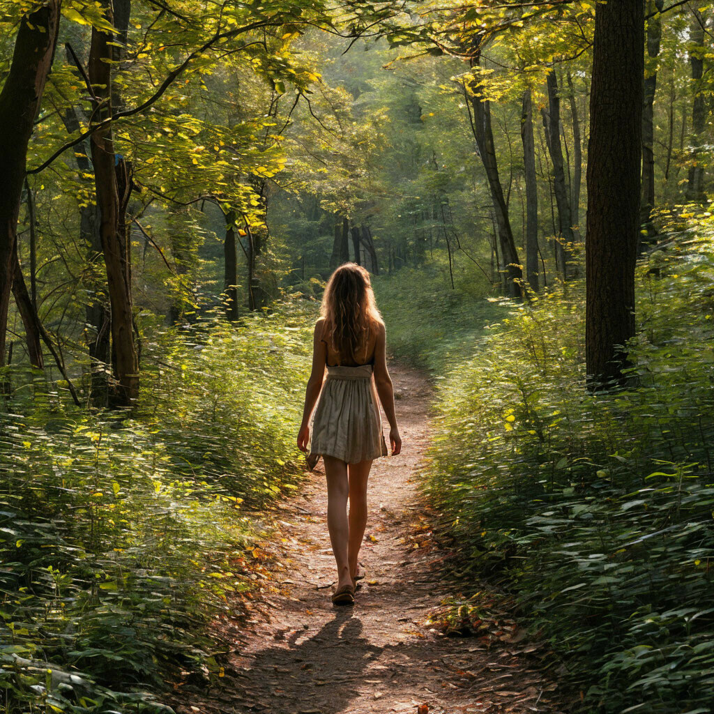 "A girl with a hunched back walking …" — image created in Shedevrum