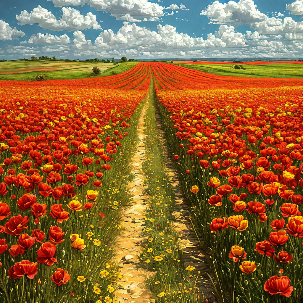 "A poppy field with a yellow kerpich …" — image created in Shedevrum