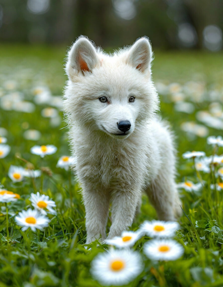 "A full-length white fluffy wolf cub …" — image created in Shedevrum