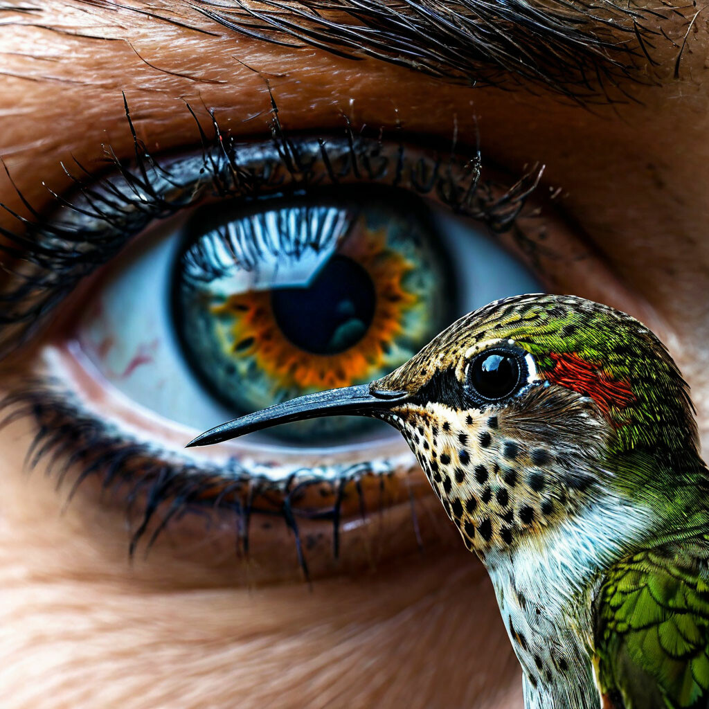 "Macro photography, girl's eye, globe in the eye, hummingbird in the ...