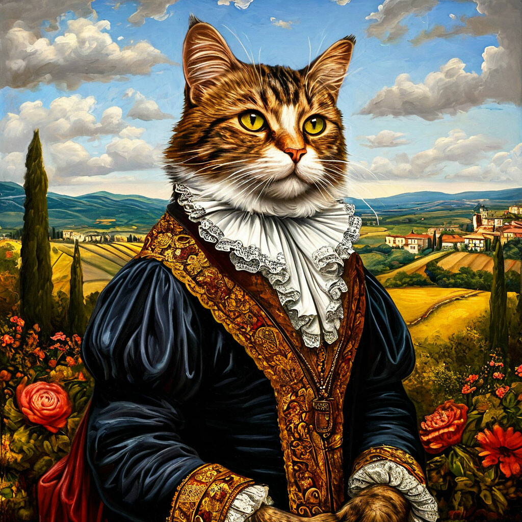 "Noble The Philosopher cat in Renaissance clothes stands against the ...