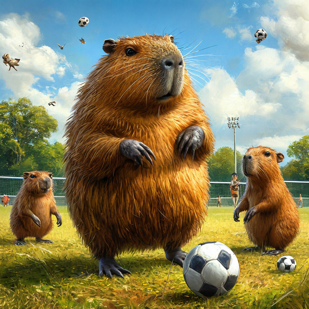 "A pumped-up capybara plays soccer with other animals" — image created ...