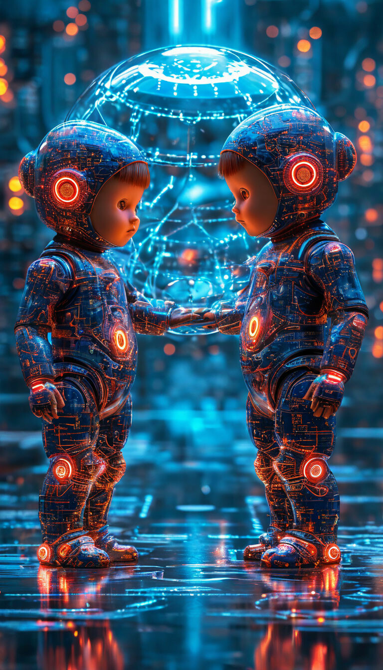 "🪷 holographic art, technological atmosphere, surrealism, glowing baby ...