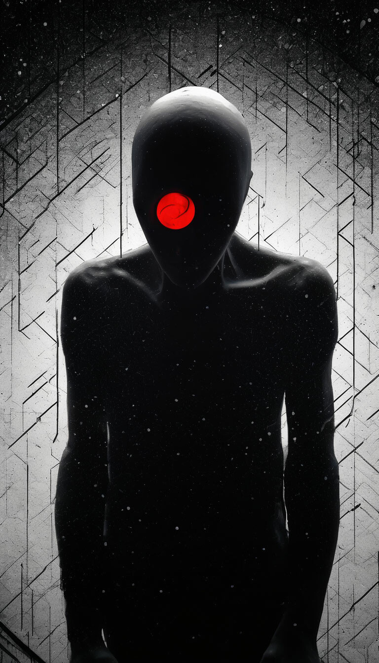 "Rough the cosmic void envelops the faceless creature with empty eye ...