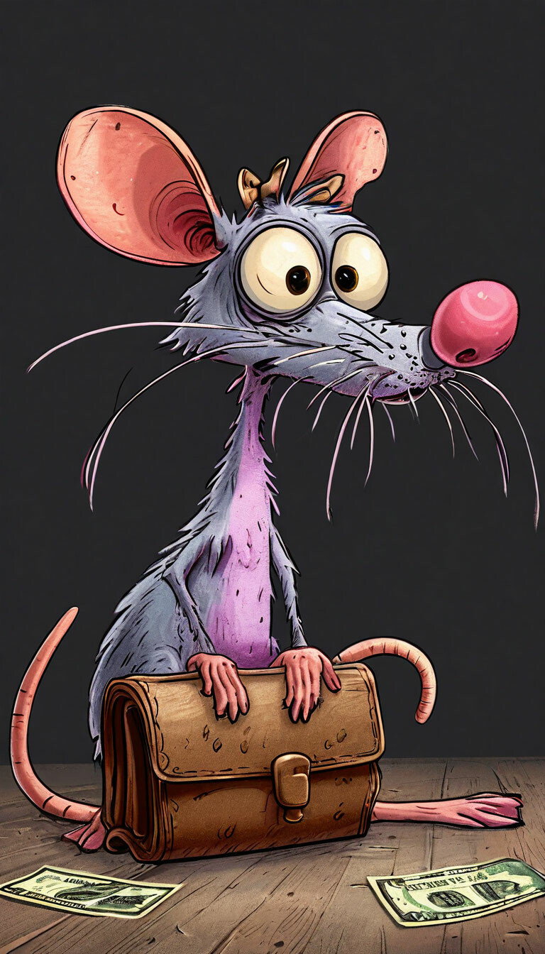 "A long , grotesque painted rat with a long nose , bulging eyes , thin ...