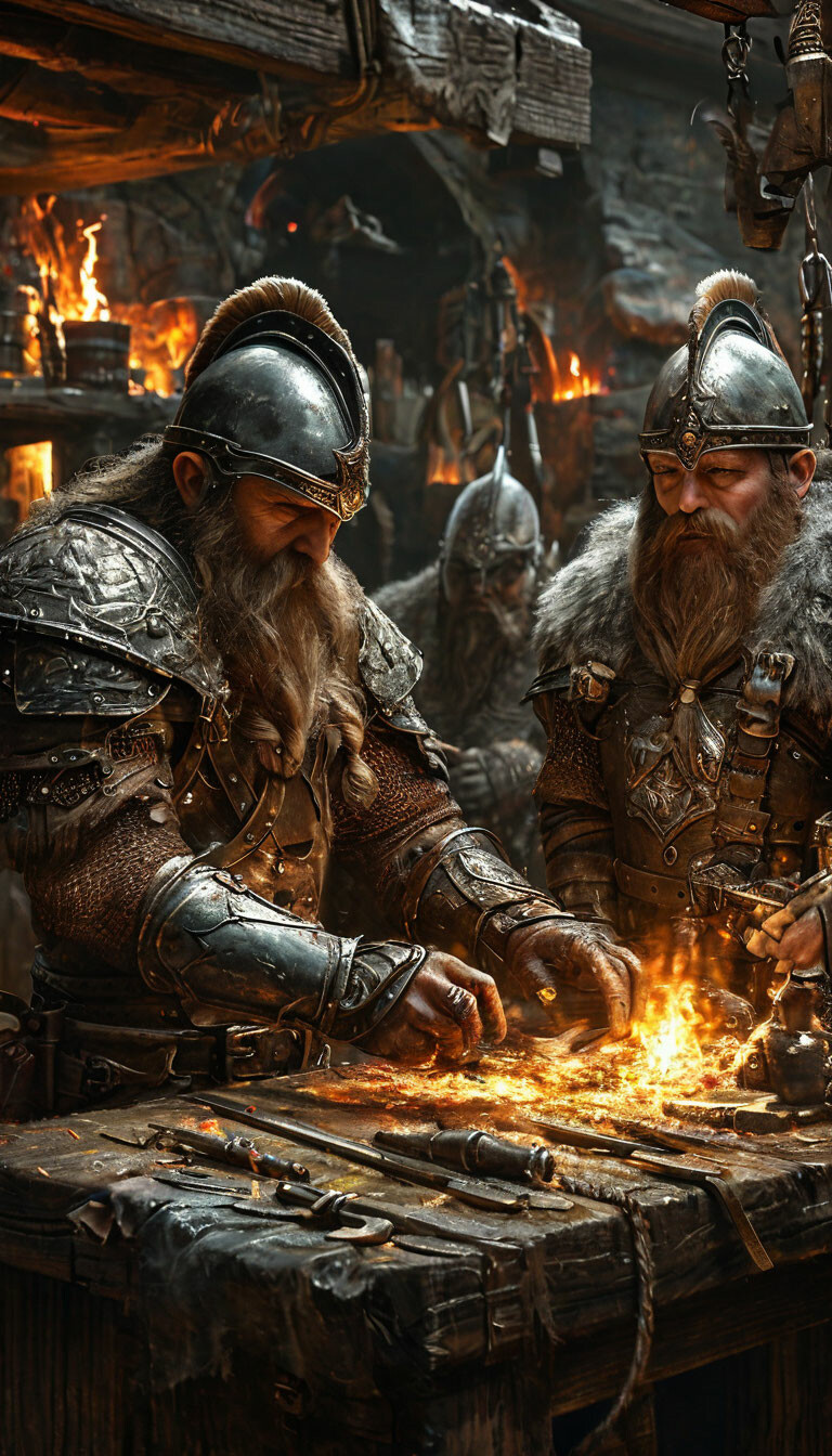 "Dark fantasy, epic, dwarf workshop, dwarves in blacksmithing clothes ...