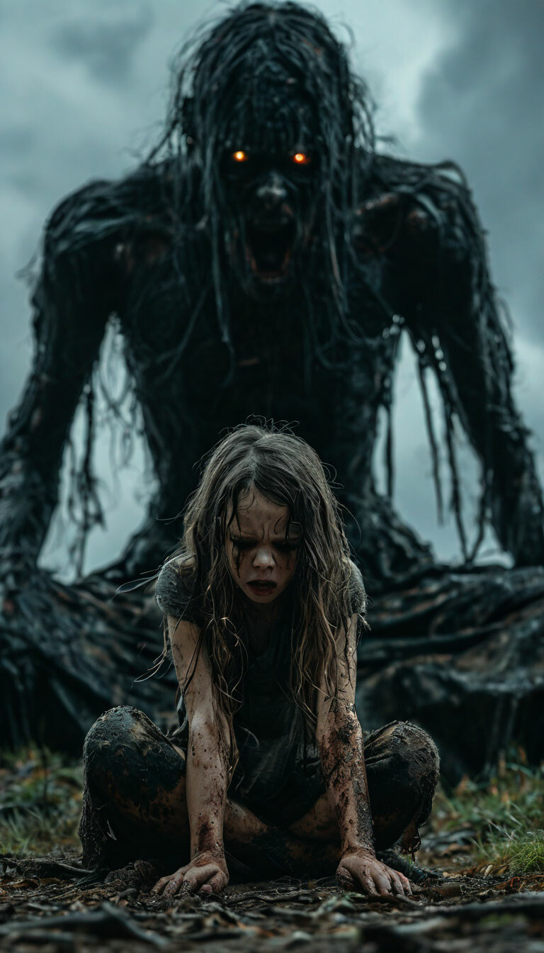 "The girl is sitting crying with fear on the ground next to her a scary ...