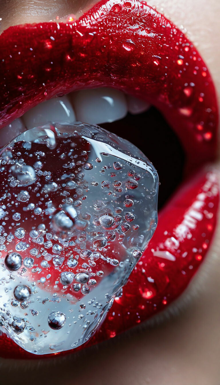 "Professional foto, kiss, red lips touching an ice cube, ice shining ...