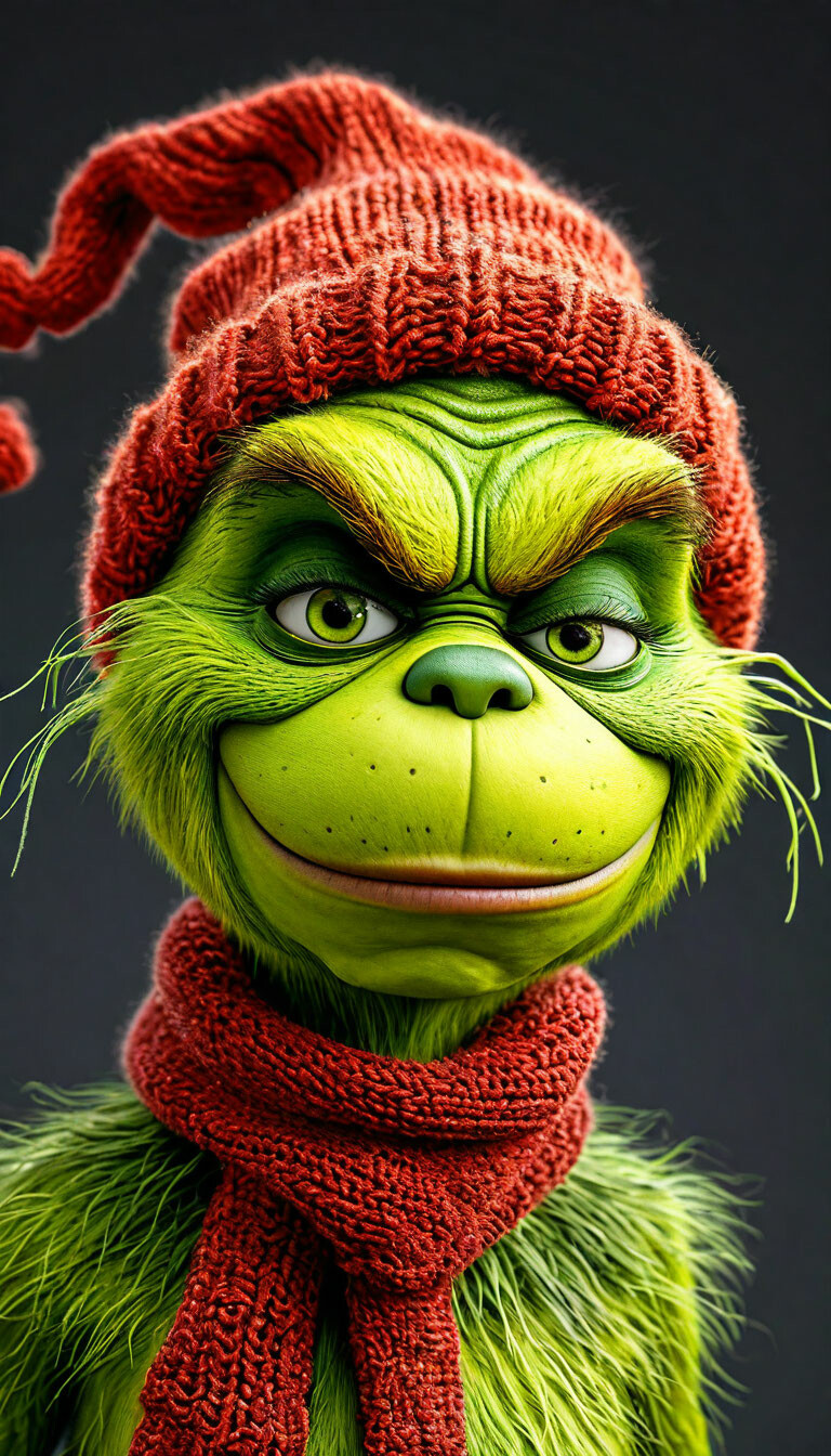 "The Grinch is an anthropomorphic green man in a red knitted hat ...