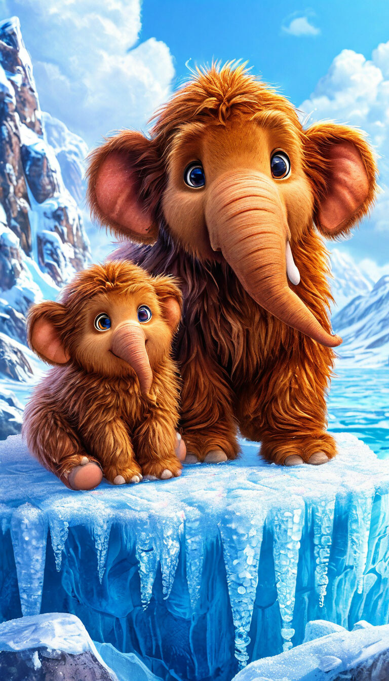 "💖💖💖 A cute little fluffy mammoth next to his mother, sitting on an ice ...