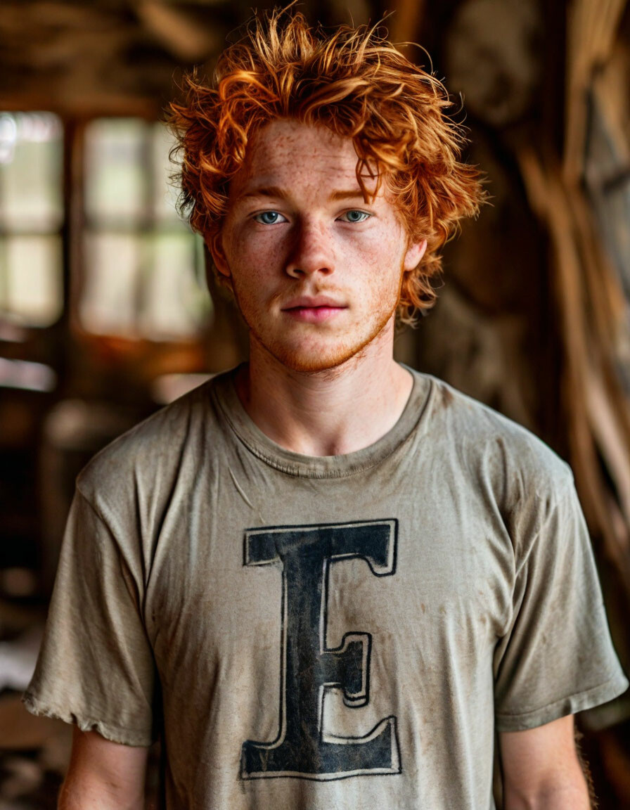 "Charlie Weasley, wearing an "E" T-shirt" — image created in Shedevrum