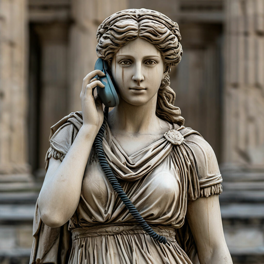 "Greek antique girl, dressed as a secretary, talking on the phone with ...