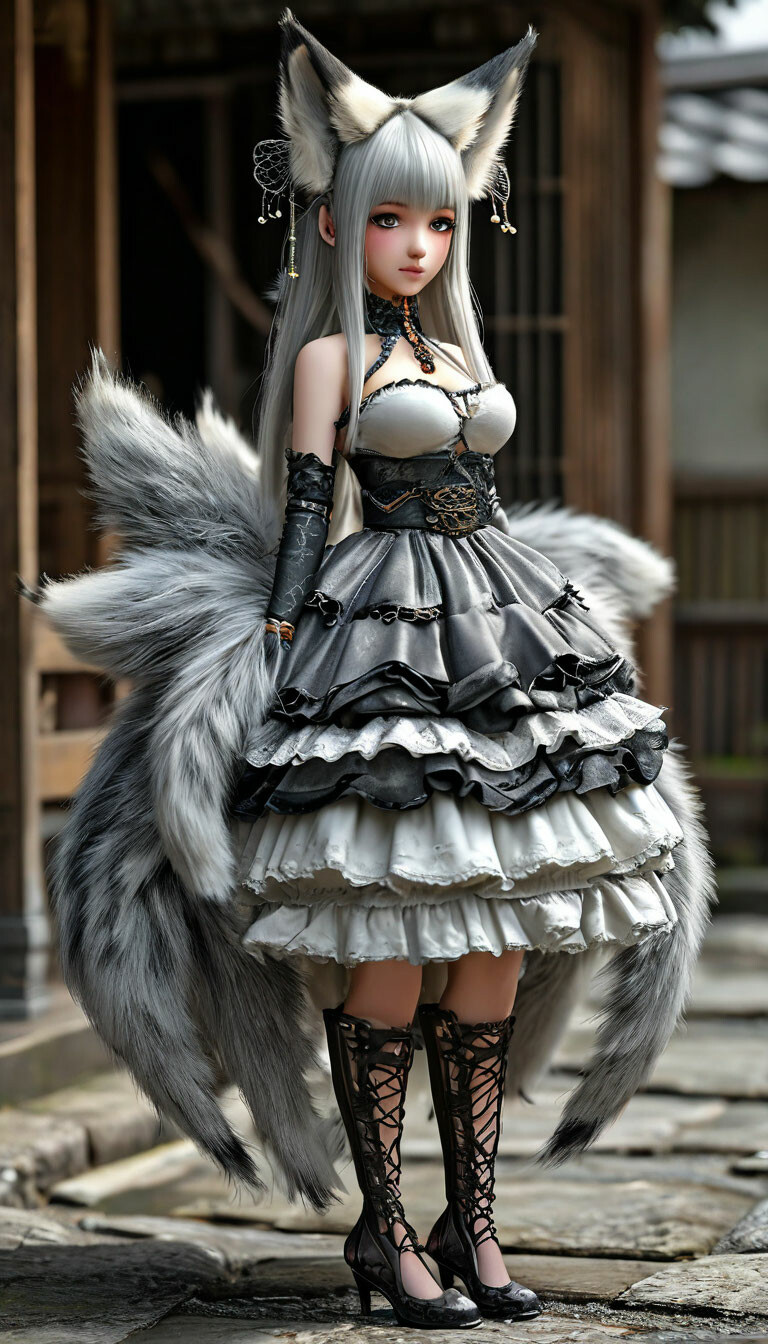 "Nine-tailed fox girl, young yokai …" — image created in Shedevrum