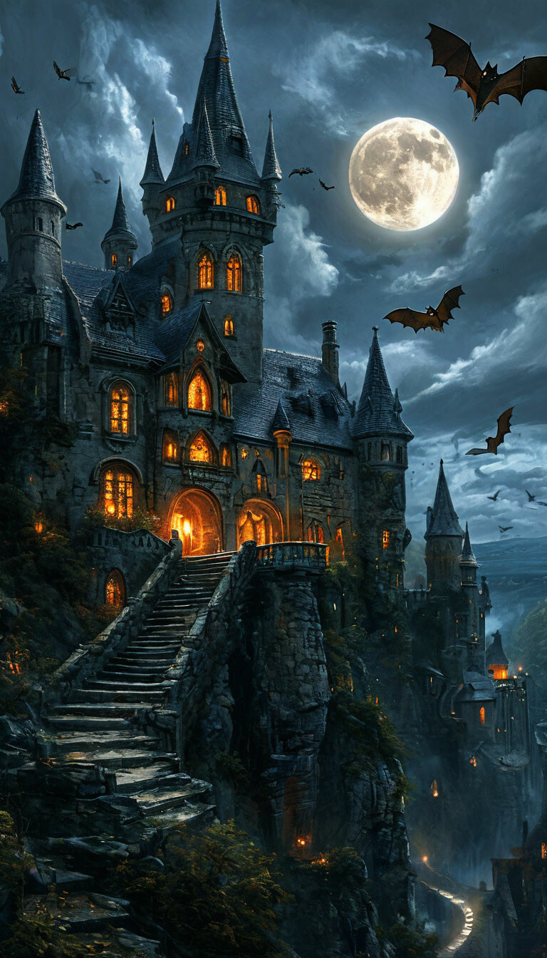 grotesque,castle,darkness,night,gloom, moonlight,bats" — image created ...