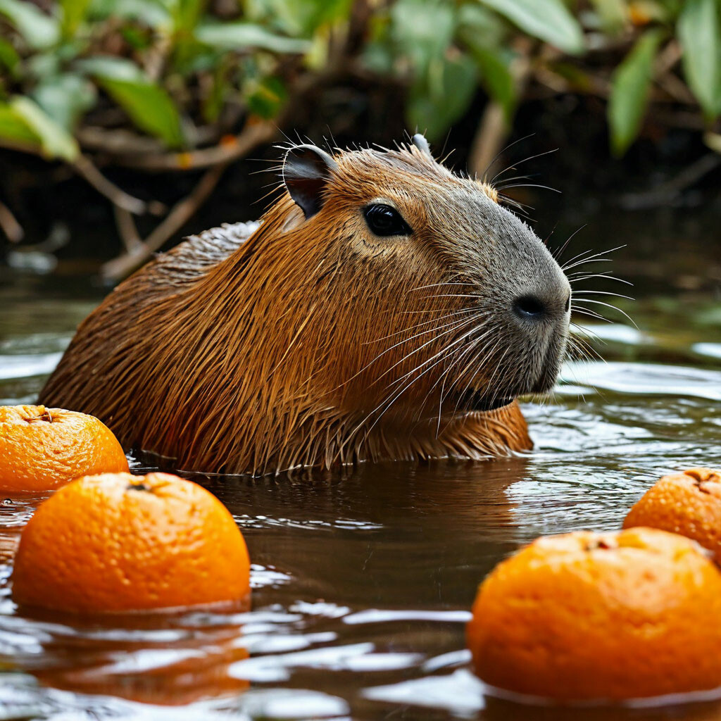 "Capybara in water with oranges" — image created in Shedevrum