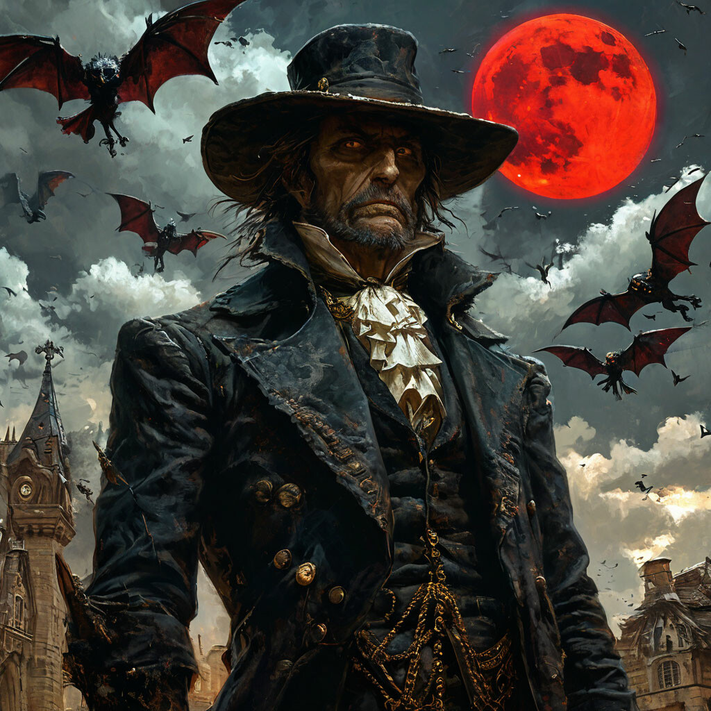 "Victorian warlock Lord Palthorne, huge square-jawed man, black sky ...