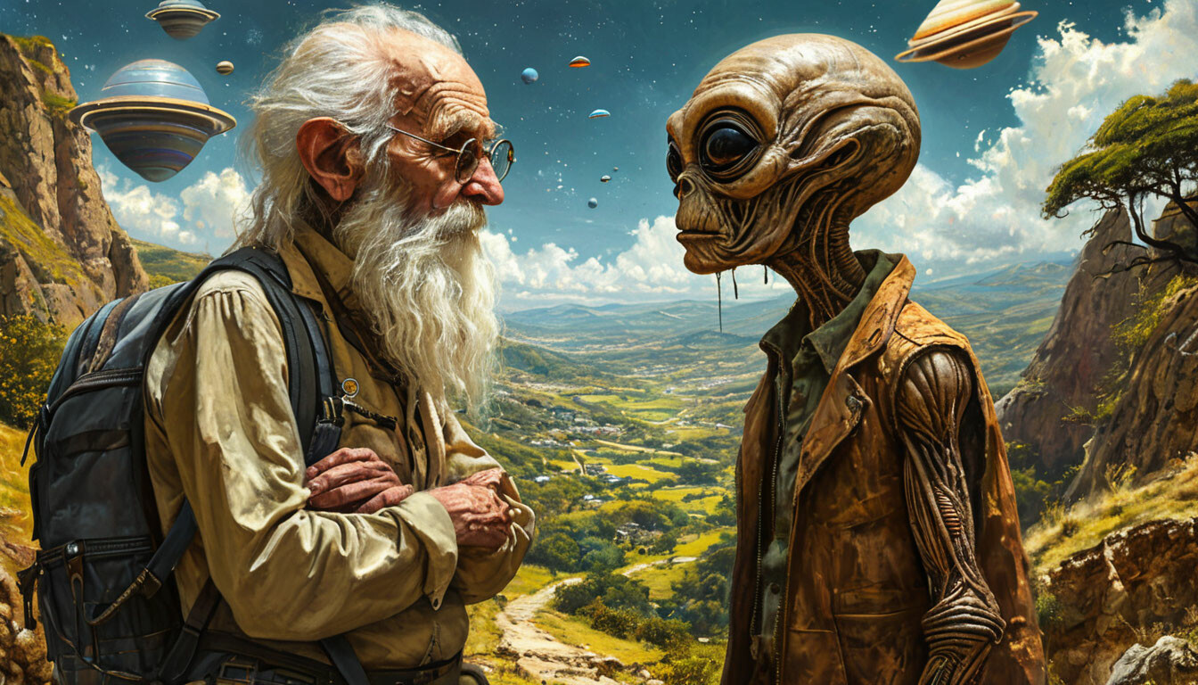 "Scientist Darwin looks at an alien from outer space." — image created ...